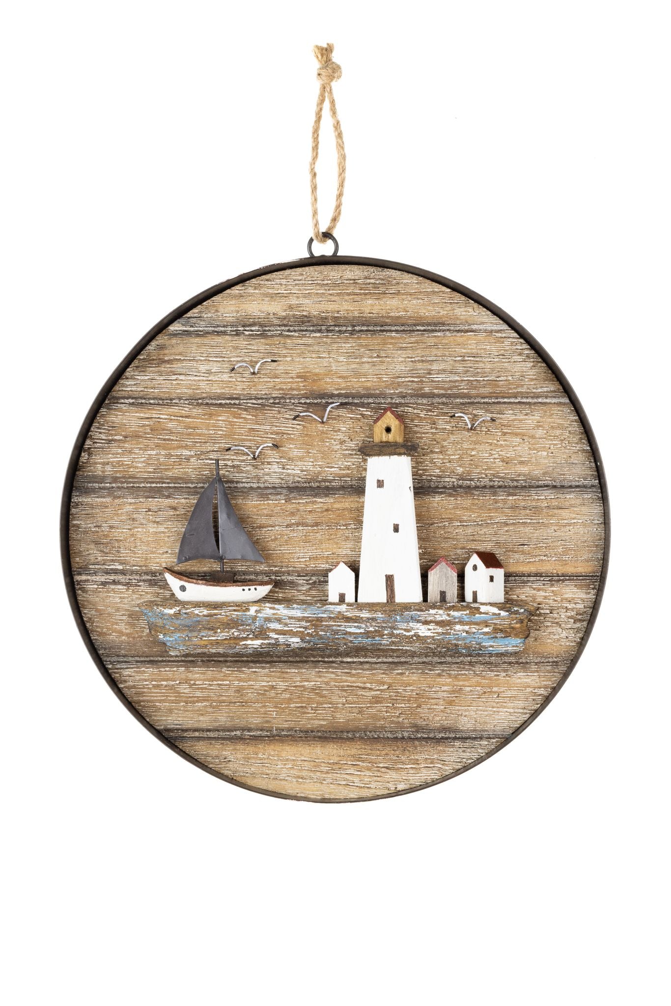 Rustic Nautical Wall Decor with Lighthouse & Boat Scene – Round Hangin ...