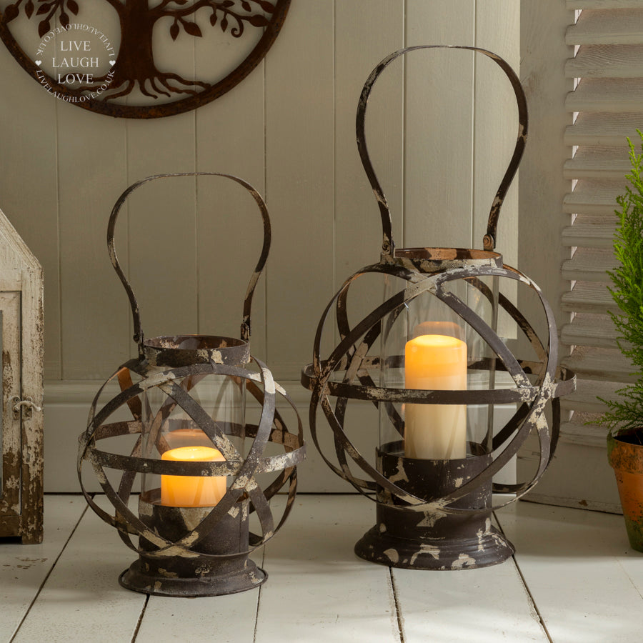 Distressed Metal Candle Lantern – Rustic Orb Design – LIVE LAUGH LOVE ...