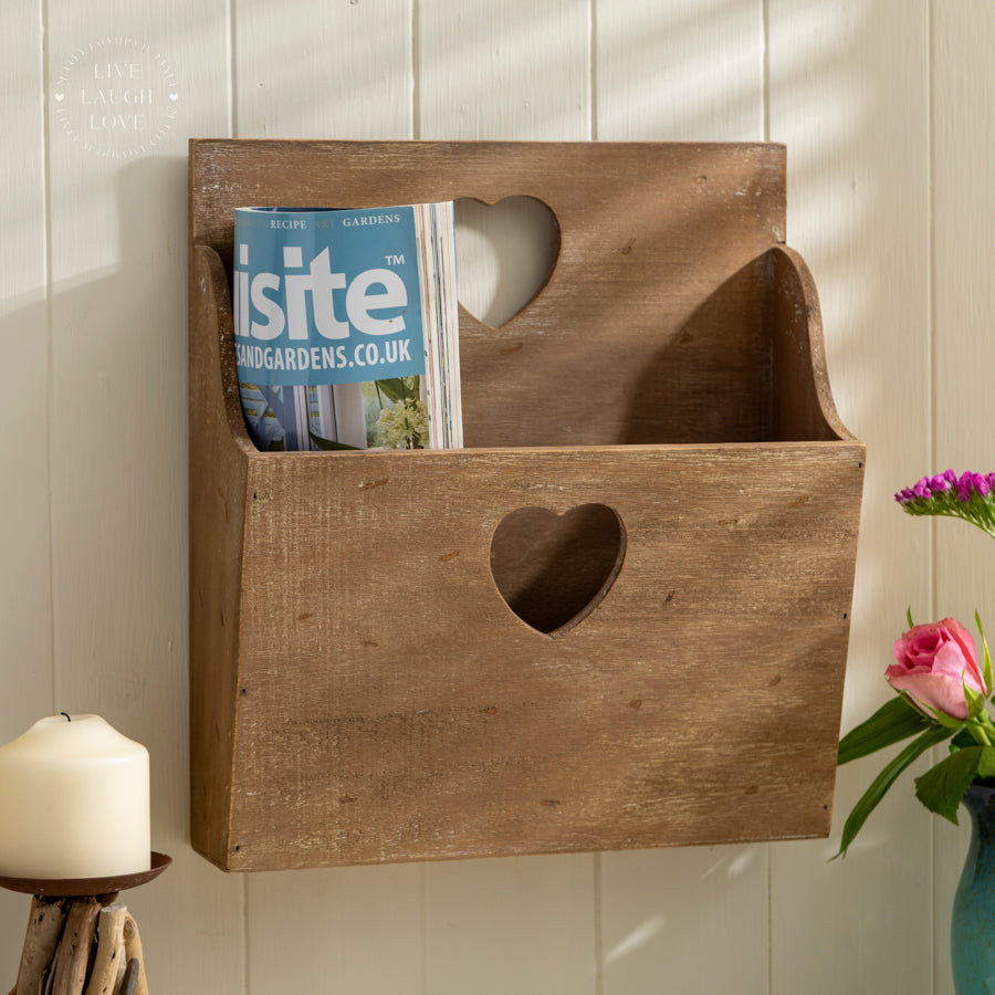 Rustic Wooden Wall Mounted Letter Rack with Heart Cutouts – LIVE LAUGH ...