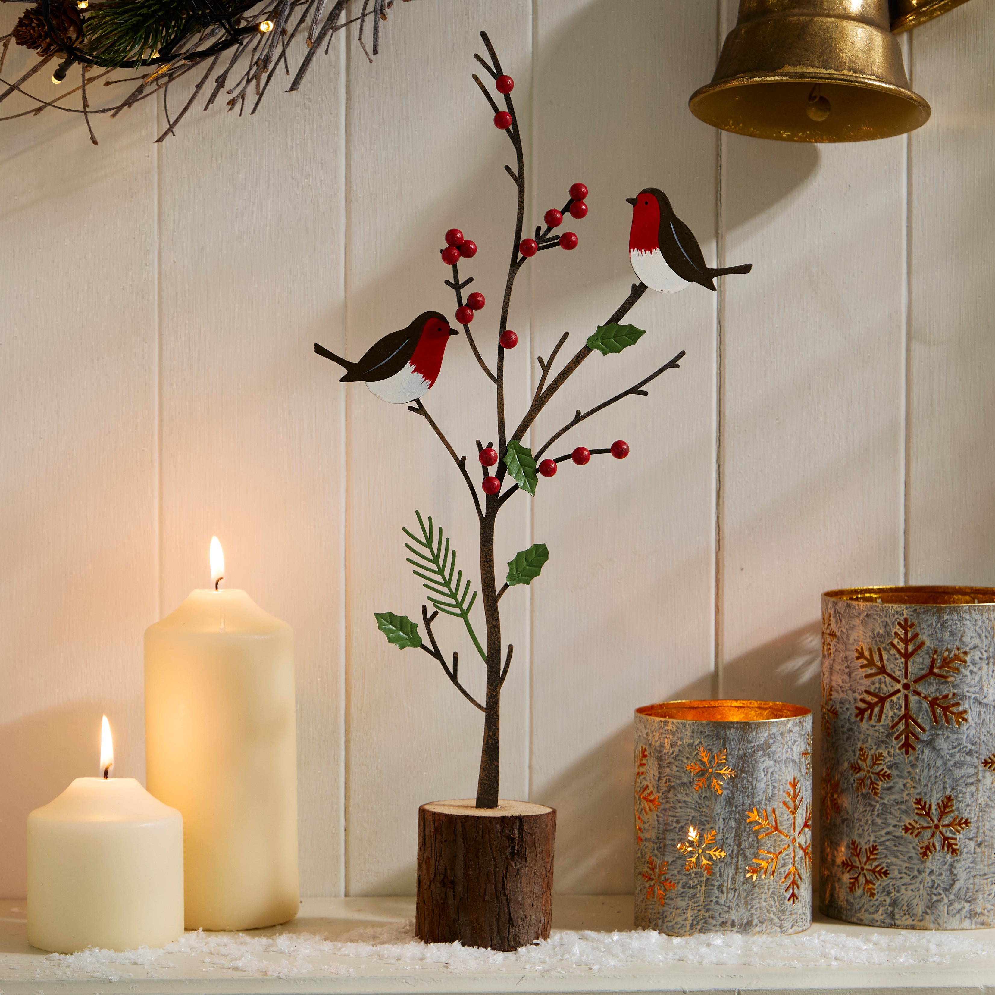 Metal Robin and Holly Branch Ornament – Festive Shelf Sitter Christmas ...