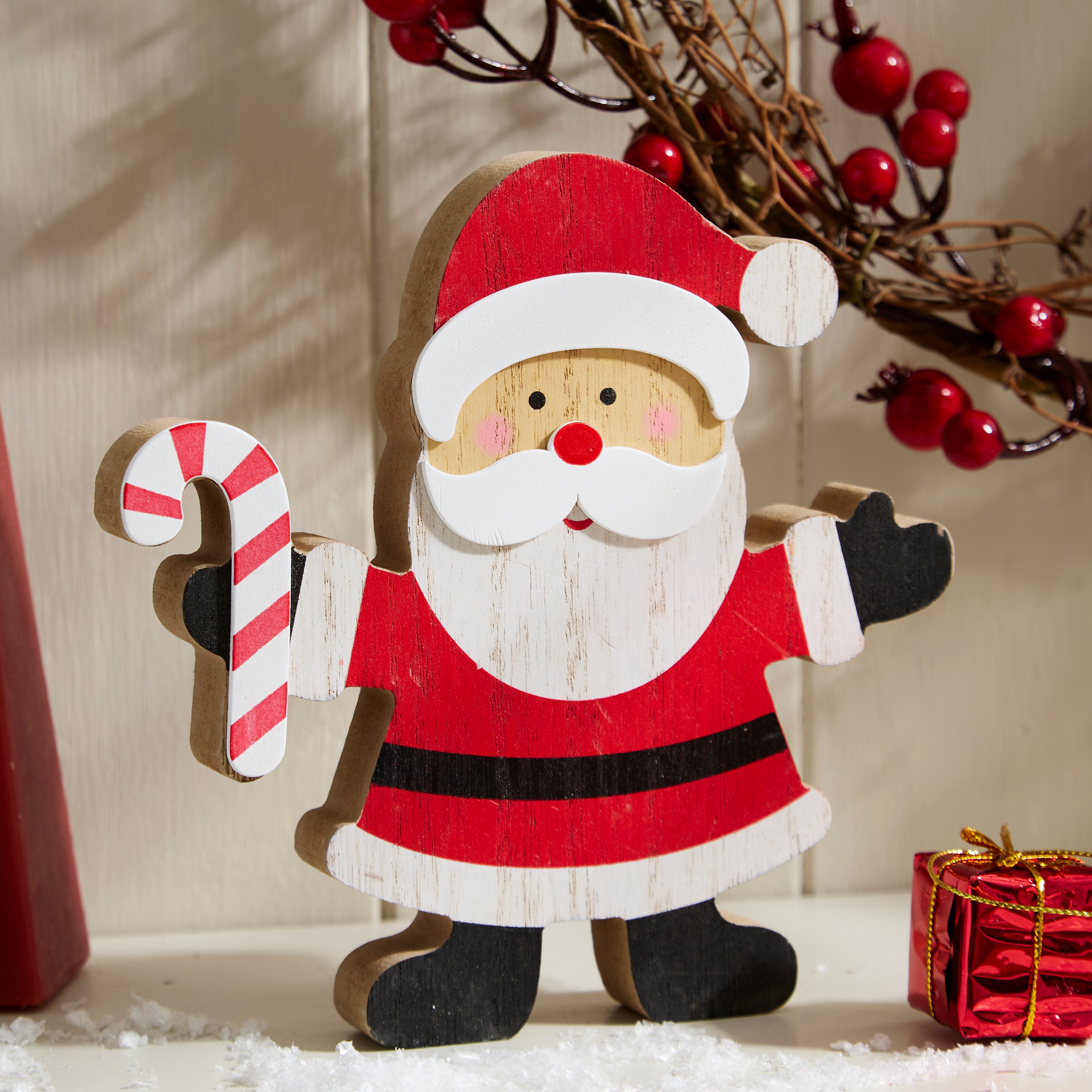 Festive Wooden Santa Shelf Sitter with Candy Cane – LIVE LAUGH LOVE LIMITED