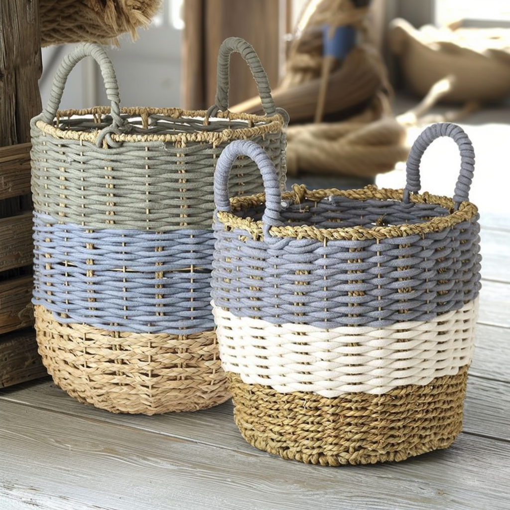 Woven Storage Basket – Blue, White & Natural – LIVE LAUGH LOVE LIMITED